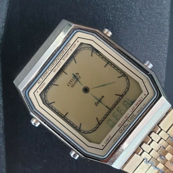 Vintage Citizen Quartz Seven Dual Time Gold Ana Digi ST-1029 9560 LCD ...