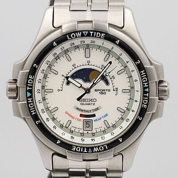 Seiko Sport 150 6F24-7010 Quartz Moon Phase White Dial Date Men's Watch ...