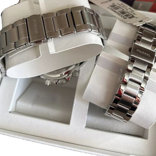 New Fossil Couple Set His & Her Silver Stainless Steel Watch Bannon ...