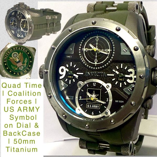 50mm TITANIUM US Army QUAD (4) Time Zones Army Green Strap Invicta Mens ...