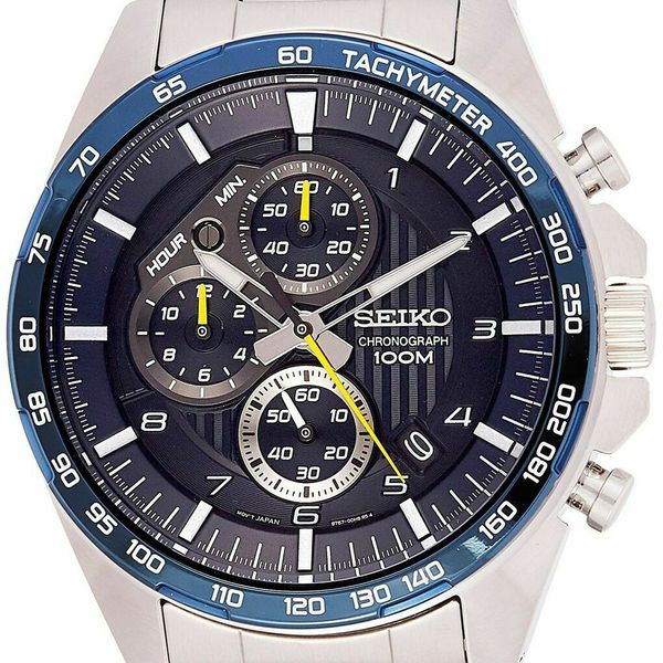 Seiko Men's Blue Dial Silver Tone Stainless Steel Chronograph Watch ...
