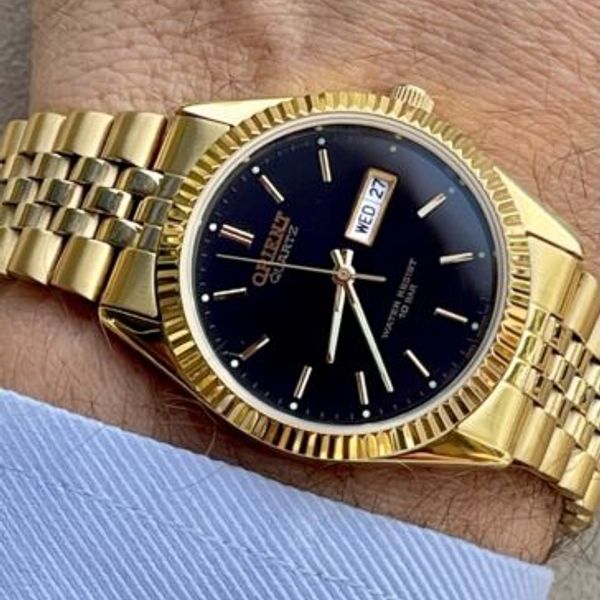 NOS! ULTRA RARE Orient PRESIDENT DAYDATE Quartz GOLD Fluted Bezel BOX ...