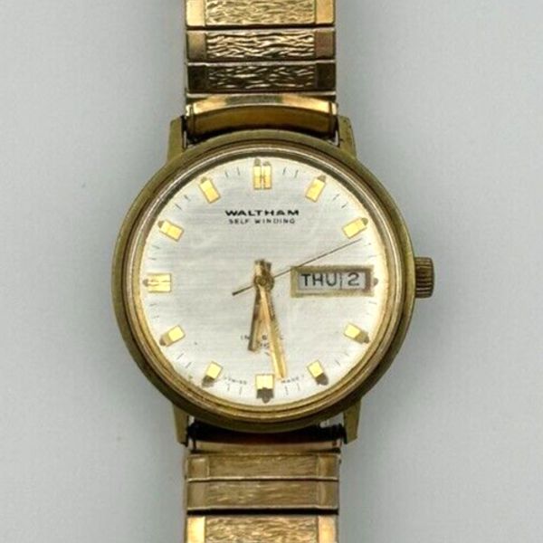 Vintage Waltham Gold Tone Self Winding Incabloc 25 Jewels Day Date ...