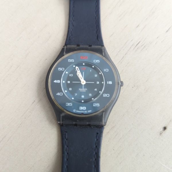 Swatch Skin Sfn110 Night Time Black Leather Black Dial AG 2001 New Batt ...