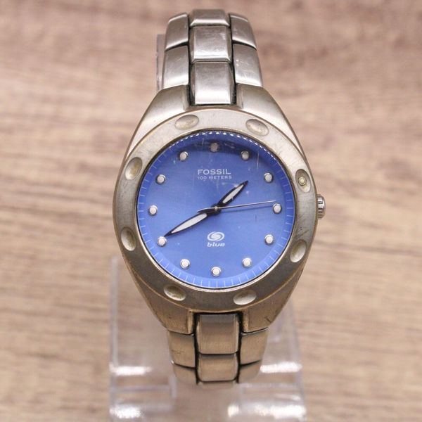Fossil Blue Watch Mens Silver Tone Stainless Steel Classic Blue Dial ...