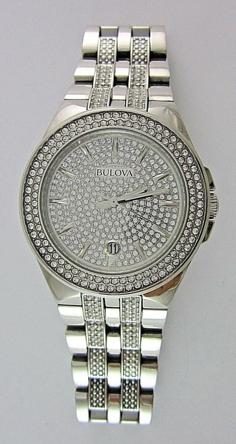 MENS BULOVA SWAROVSKI CRYSTAL STAINLESS STEEL WATCH MODEL 96B235 ...