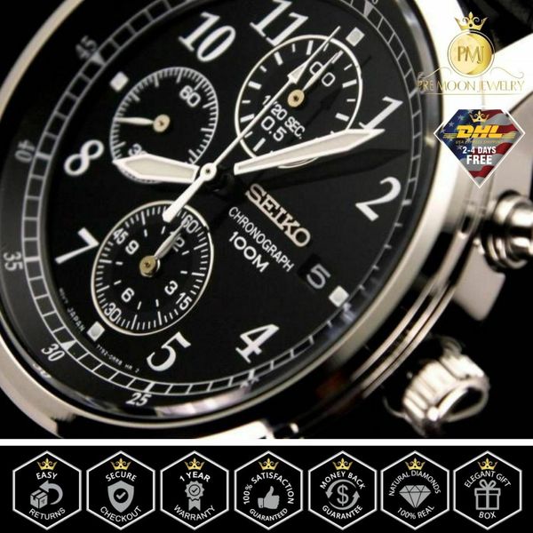Seiko SNDC33 SNDC33P1 Men's Classic Chronograph Watch Black Leather ...