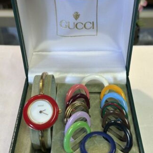 AUTHENTIC GUCCI 13 INTERCHANGEABLE BEZELS GOLD PLATED WATCH, WORKS, MINT IN BOX! | WatchCharts ...