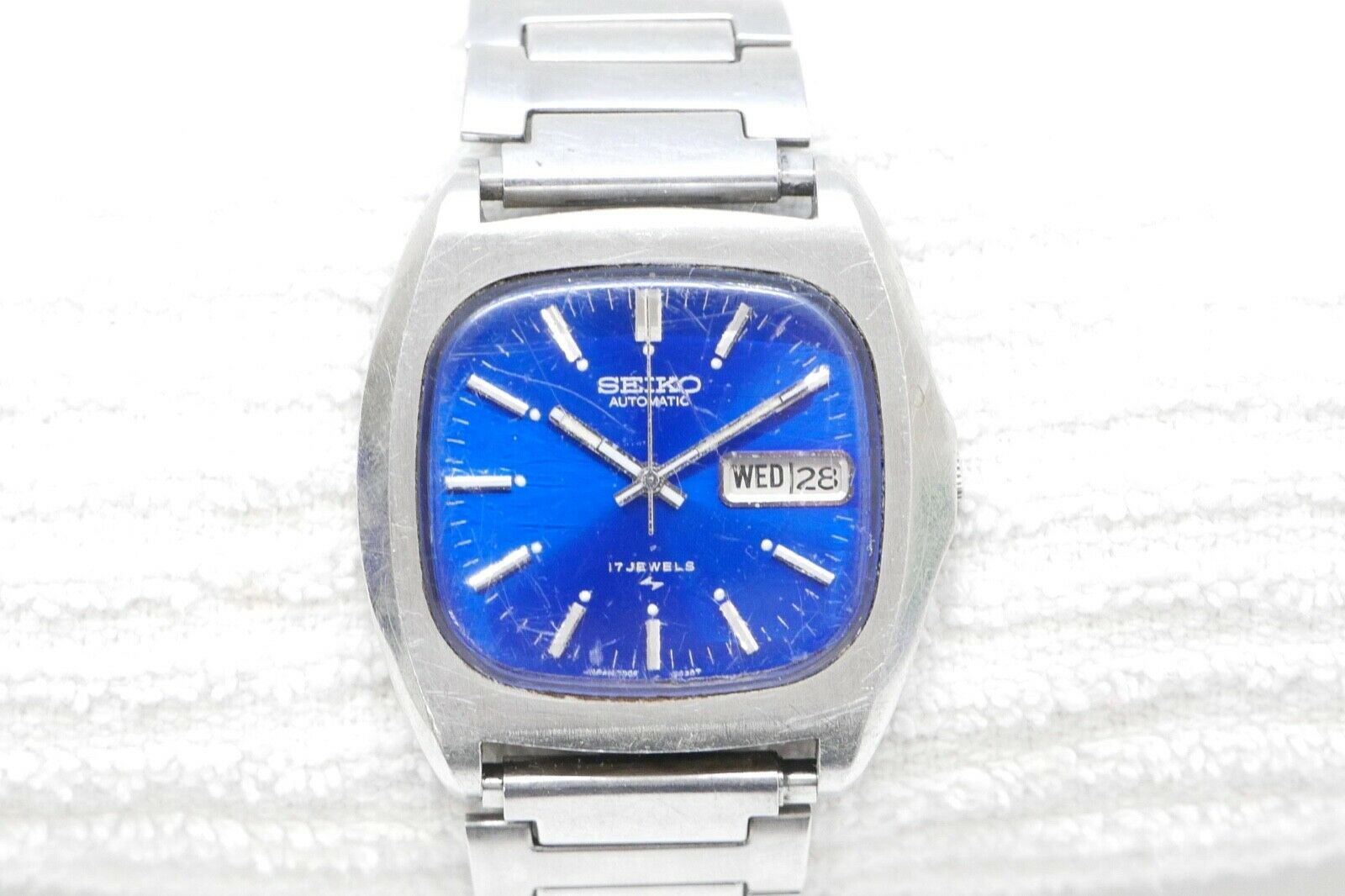 SEIKO Automatic Day Date 7006-5019 Mens Vintage Watch Square Blue Dial ...