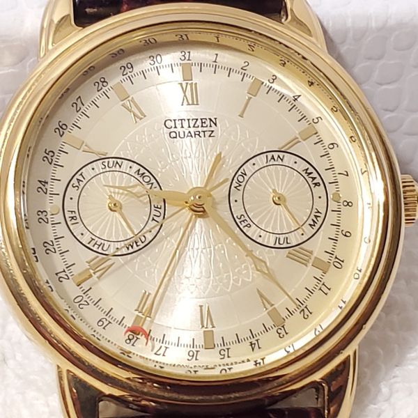 Vintage Citizen Unisex Day Date Month Gold Plated Quartz Watch Brown ...