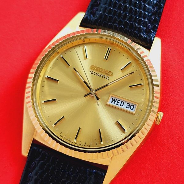 Seiko President Watch Gold Dial Fluted Bezel Leather Band 7N43-8111 ...