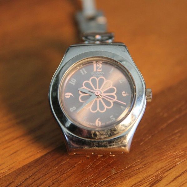 SWATCH SWISS IRONY - Pink FLOWER NEW BATTERY Metal with Rhinestone band ...