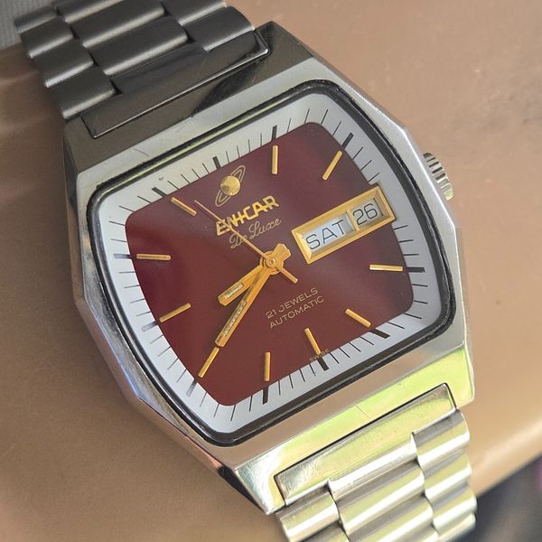 Vintage ENICAR De Luxe men's automatic watch day/date Red dial 1970s ...