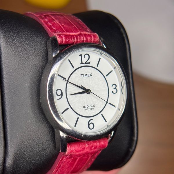 Timex Women's Quartz Watch Red Leather Strap White Dial WR30M NEW ...