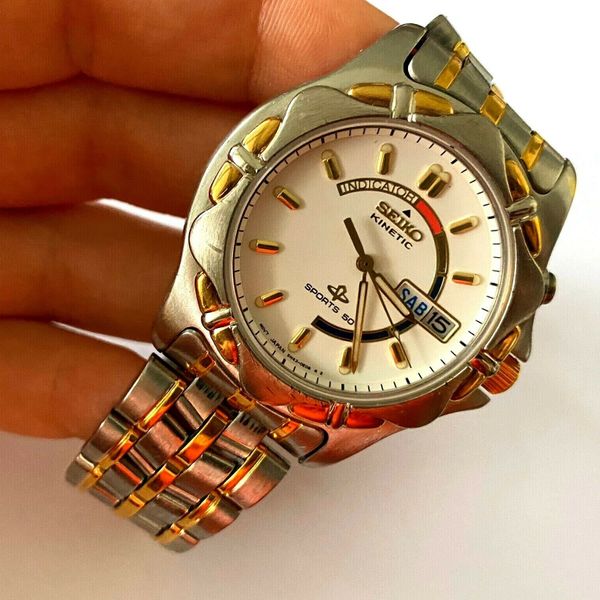 Vintage Men's Seiko Kinetic 5 Bar Sports 50 Day Date 5M43 0A59 Two Tone ...