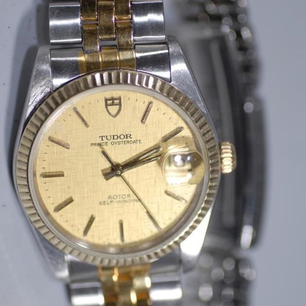 Rolex Tudor Prince OysterDate 74033 Gold Bezel 34mm Watch -Linen Dial ...