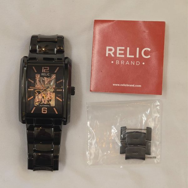 Relic by Fossil Menâ s Automatic Skeleton Rectangle Black Watch ...