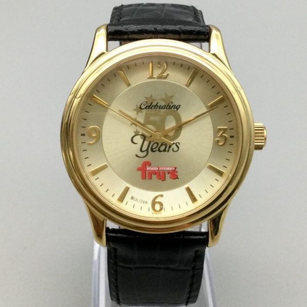 Bulova Watch Men 38mm Gold Tone Dial Fry's Logo Leather Band New ...