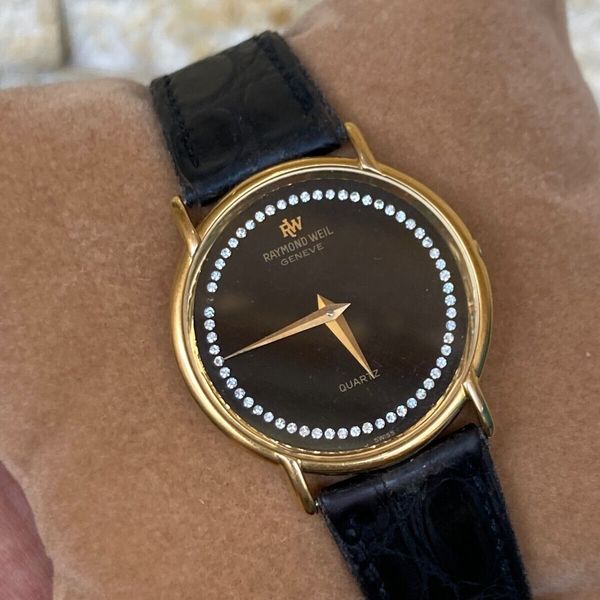 VINTAGE RAYMOND WEIL GENEVE WATCH QUARTZ 3701 18K GOLD PLATED RW BLACK ...