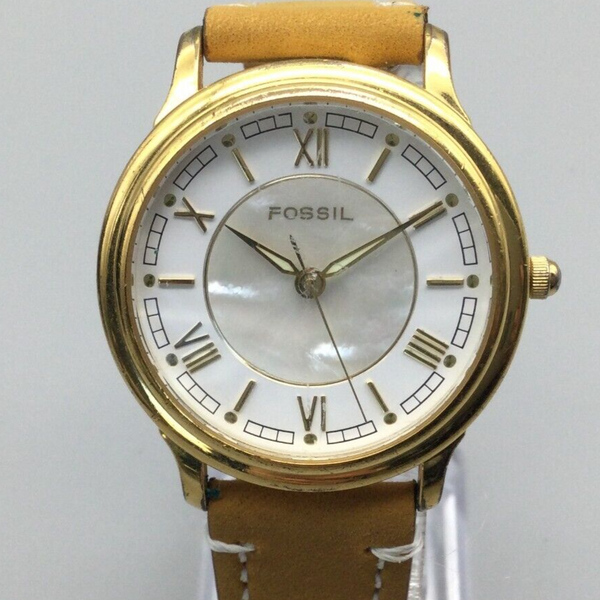Vintage Fossil Watch Women Gold Mother of Pearl Leather Band New ...