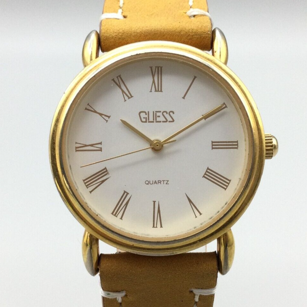 Vintage Guess Watch Women Gold Tone 1989 Leather Band 33mm New Battery ...