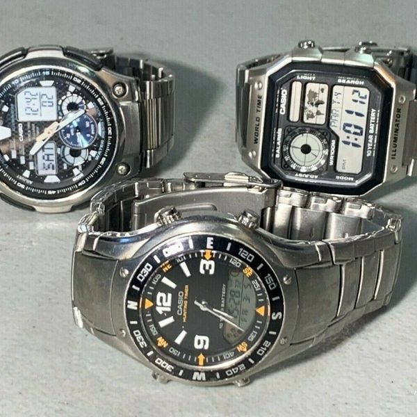 3X MENS CASIO HUNTING TIMER AMW 702 AE 1200W WORLD TIME AQ 190W ALARM ...