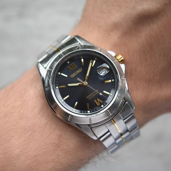 Seiko Perpetual Calendar Blue Dial Sunburst Menâ s Steel Bracelet Watch ...