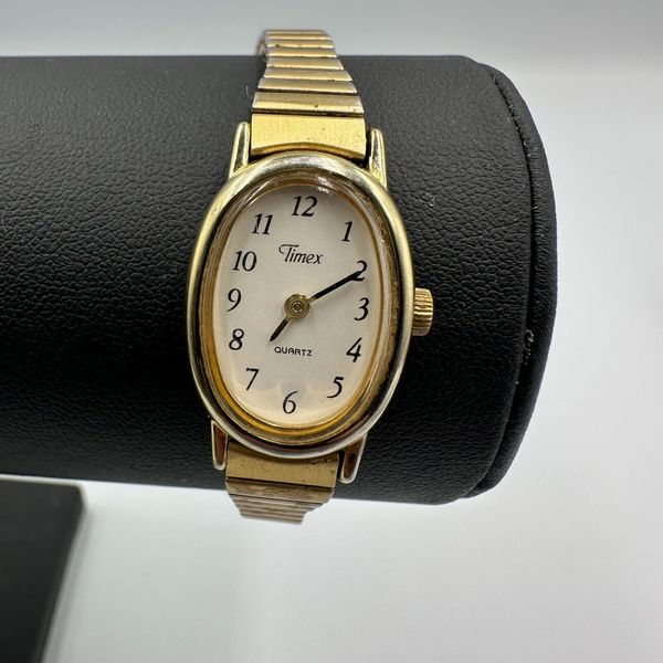 Vintage Timex Watch Women Gold Tone Oval Dial Stretch Expandable Band ...