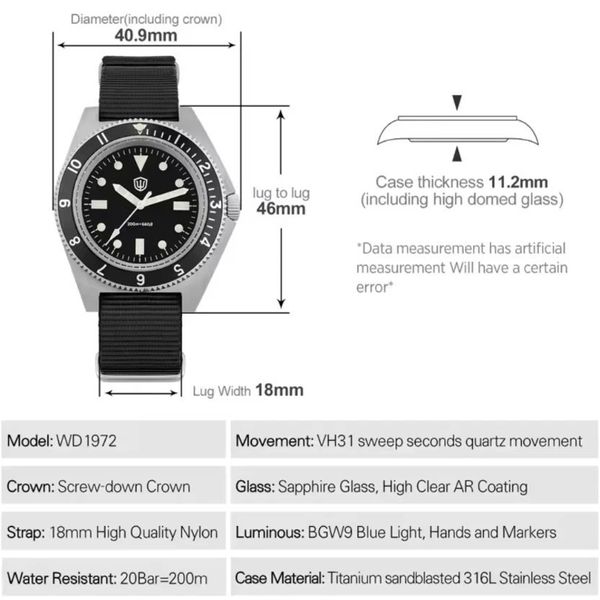 Watchdives WD1972 (Black Dial) Military Dive Watch 200m Seiko VH31 ...