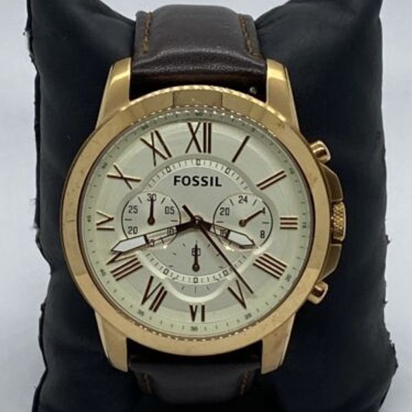 Fossil Grant FS4991 Men Brown Leather Analog Cream Dial Quartz Wrist ...
