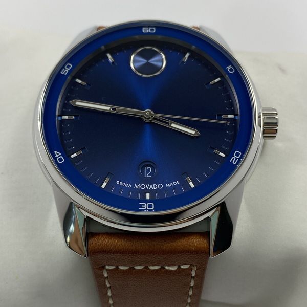 Movado Bold Verso SWISS Quartz Blue Dial Brown Leather Strap Men's ...