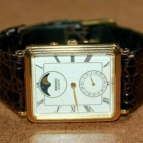 Rare Vintage Seiko Men's Rectangular Moon Phase Quartz Watch 7F32-5000 ...