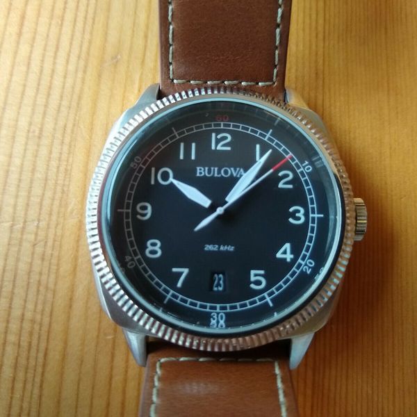 BULOVA Military UHF 262kHz Black Dial Brown Leather Men's Watch 96B230 ...