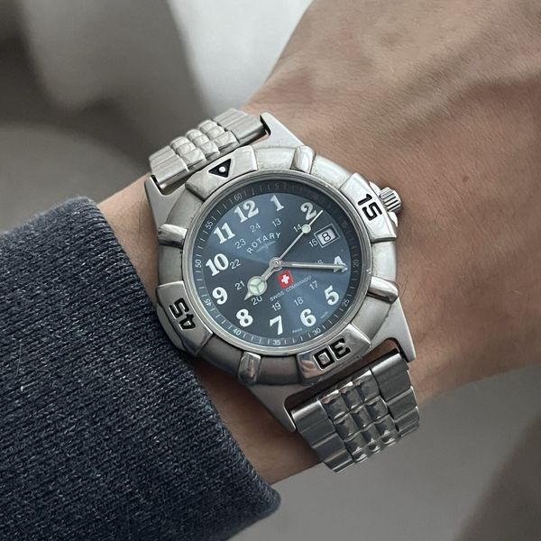 Rotary Commando Mens Military Watch Swiss Made Silver Tone Diver Case ...
