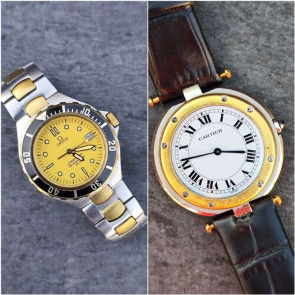Lote De 2 Relojes: Cartier Santos Vendome Y Omega Seamaster Prebond ...