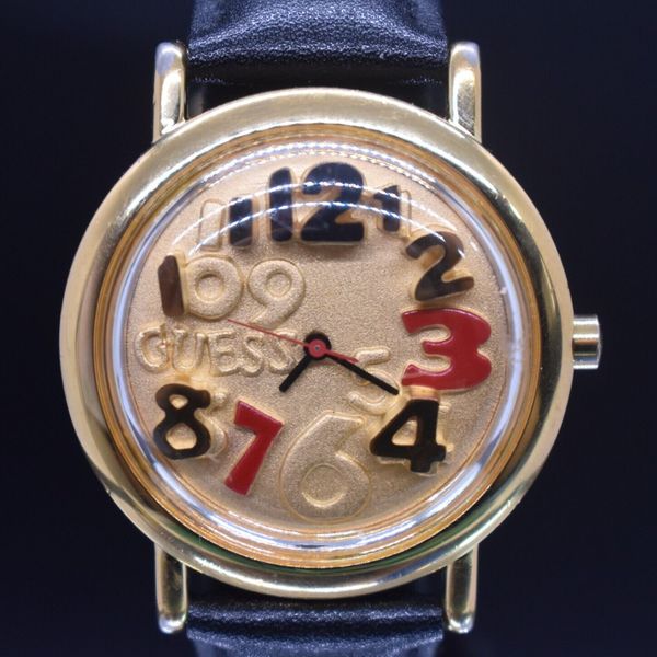 Vtg GUESS 3D Numbers Dial Watch Men 1994 Gold Tone Leather NEW BATTERY ...