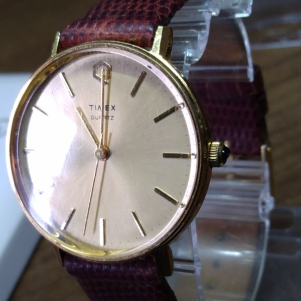 Timex M Cell Q. Gold Tone, Brown Leather, Working, Fancy Crown. NEW ...