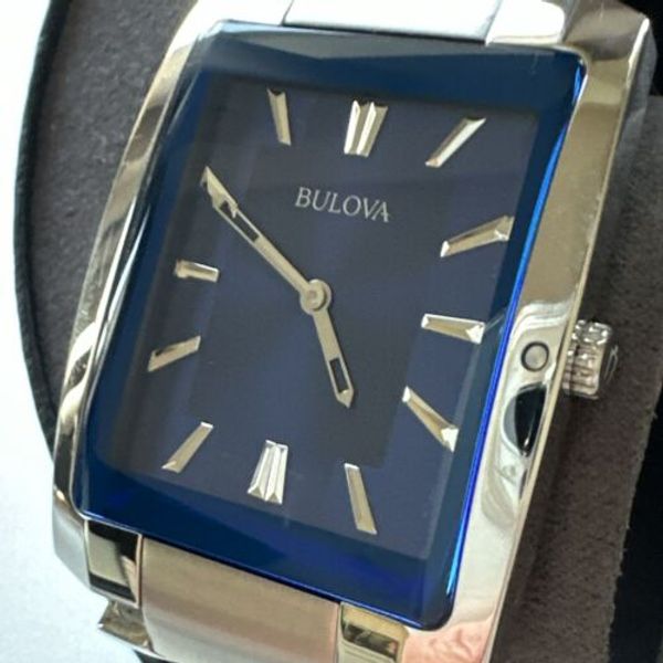 Bulova Men's Quartz Rectangular Silver-Tone Case Blue Dial 35 mm Watch ...