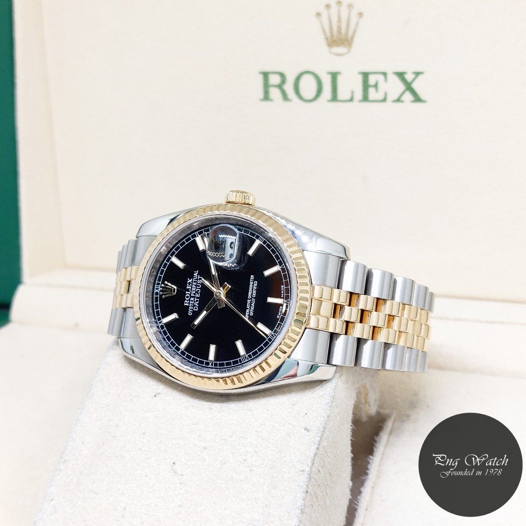 Rolex 36mm Oyster Perpetual 18K Half Yellow Gold Black Batons Dial Datejust REF: 116233 (G ...