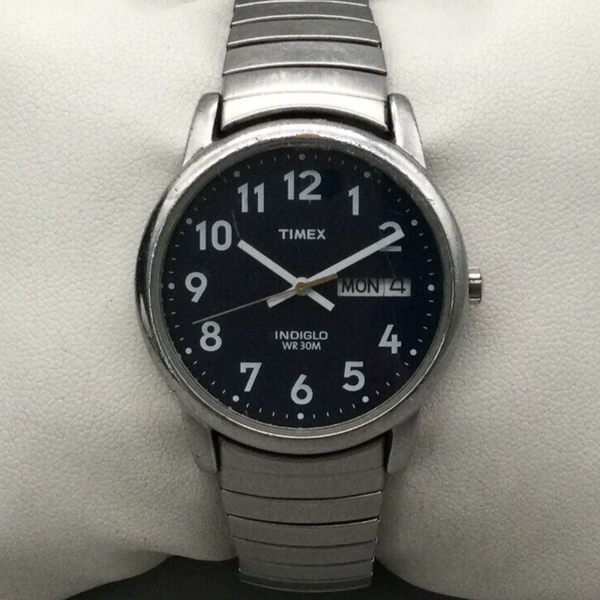 Timex Watch Men Indiglo 35mm Silver Tone Day Date Stretch Band Blue Dial | WatchCharts Marketplace