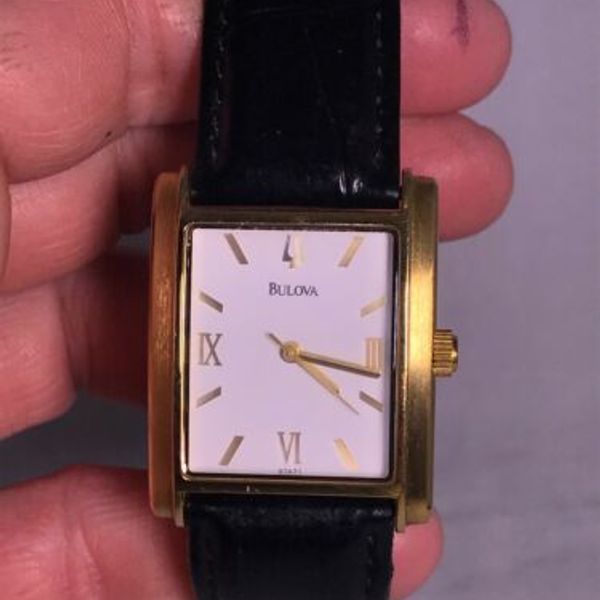 BULOVA Men’s Rectangular Gold Tone Watch Leather Band 97A71 New Battery ...