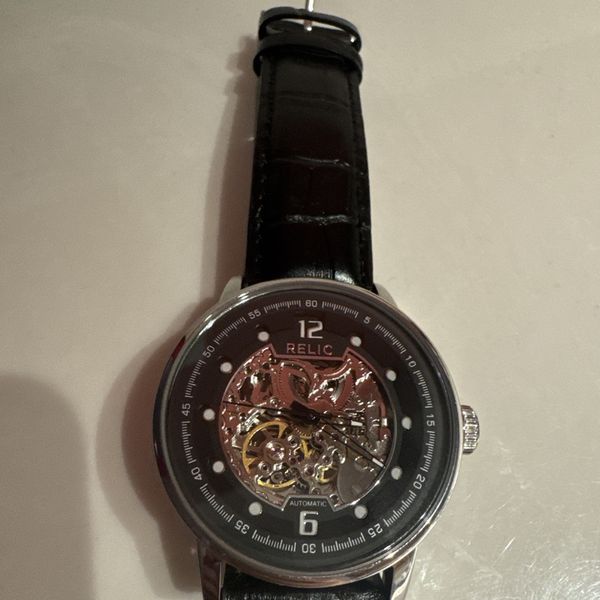 Relic by Fossil Menâ s Automatic Skeleton Dial Leather 43mm Steel Watch ...