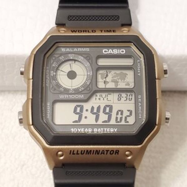 Casio Mens Digital Watch Alarm Chronograph Day Date World Time Map WR ...