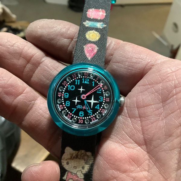 Swatch flik flak Hello Kitty womens watch new battery clean eta swiss ...