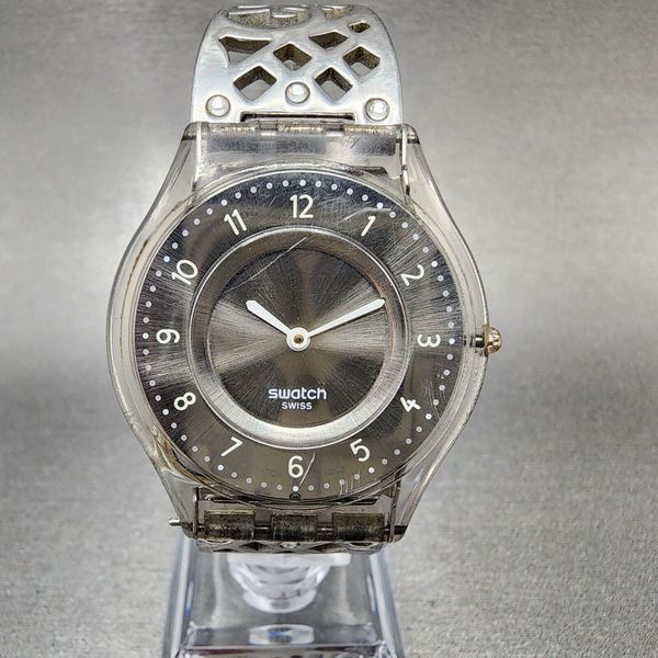 Swatch Skin Watch Women 34mm Silver Dial Clear Case Round New Battery ...