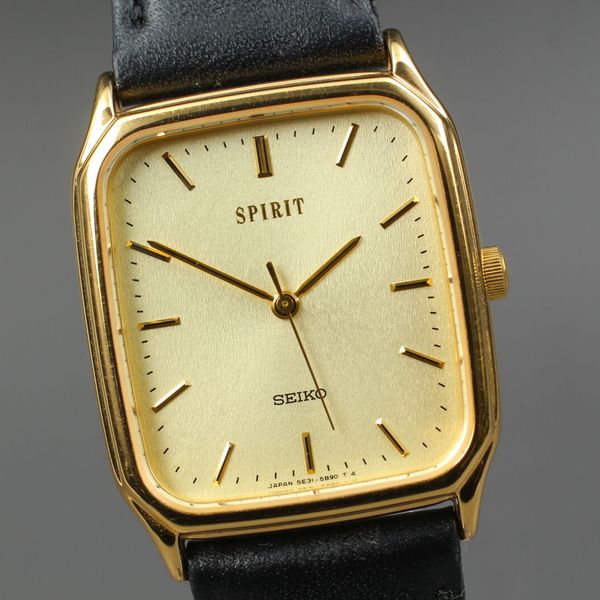 [Near MINT] Seiko Spirit 5E31-5B5A Gold Dial Rectangle Quartz Mens ...