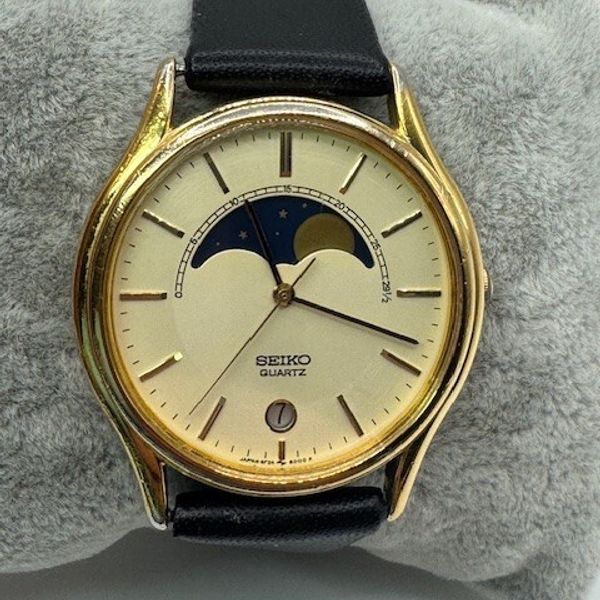 Vintage Men's Seiko Moon Phase Gold Tone Date Watch New Battery ...