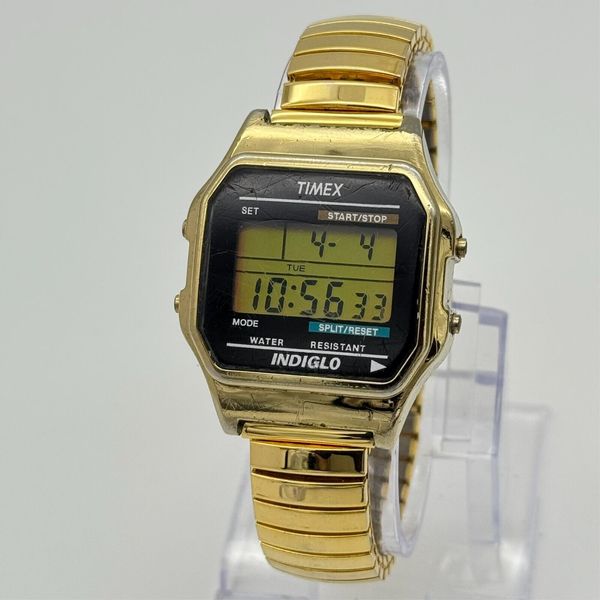 1999 Vtg Men's TIMEX Digital LCD Gold Tone Indiglo, Flex Band Watch ...