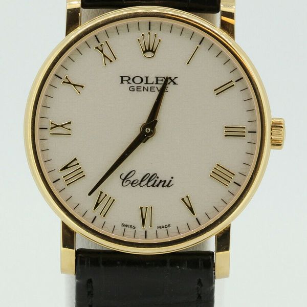 Vintage Rolex Cellini 5115 Ivory 18K Gold Black Leather Band Men's ...
