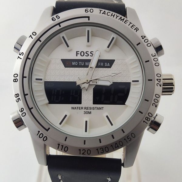 Fossil Tachymeter White Analog-Digital Dial Dual Time Leather Band men ...